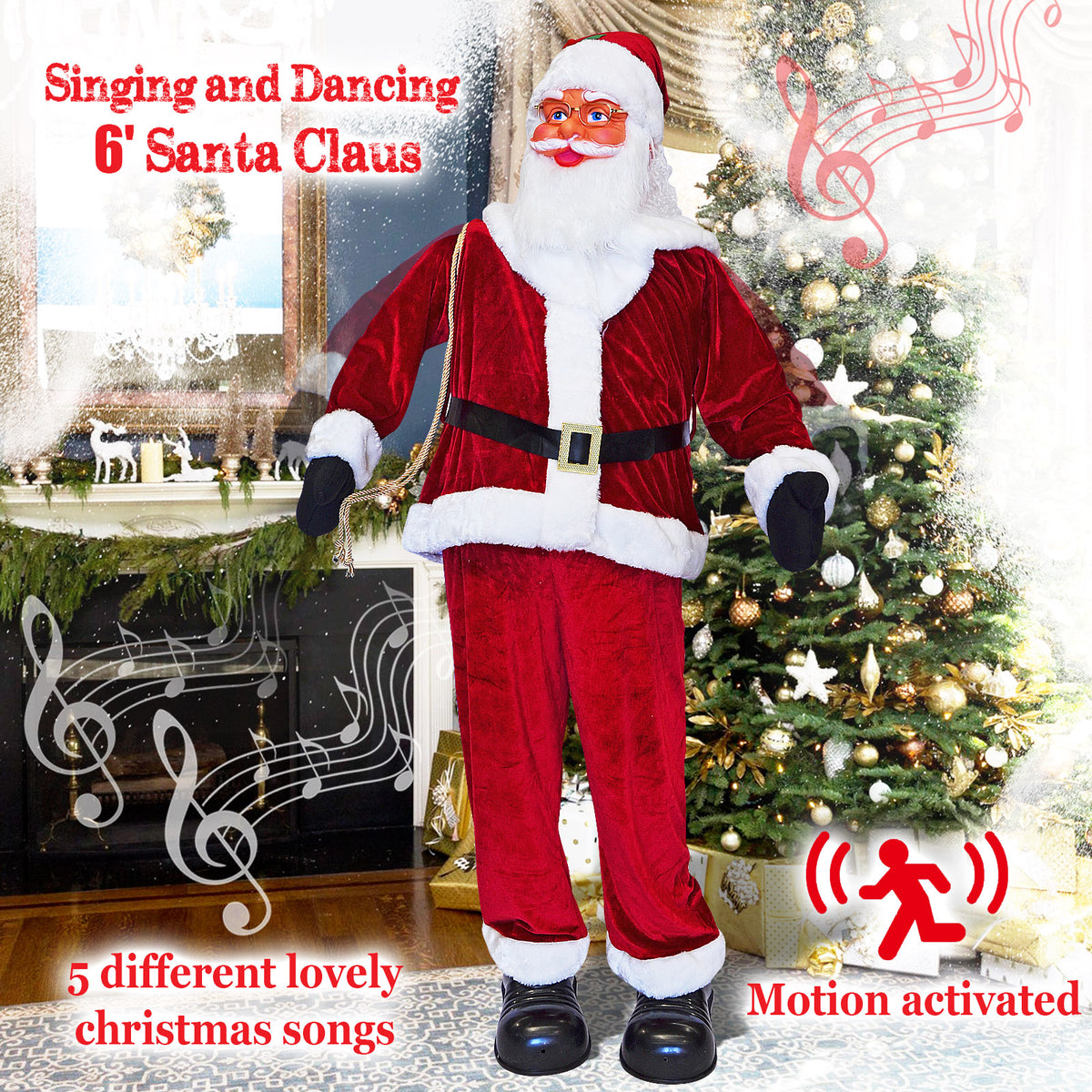 6FT Life Size Christmas Santa Animated Sining and Dancing Santa Claus ...